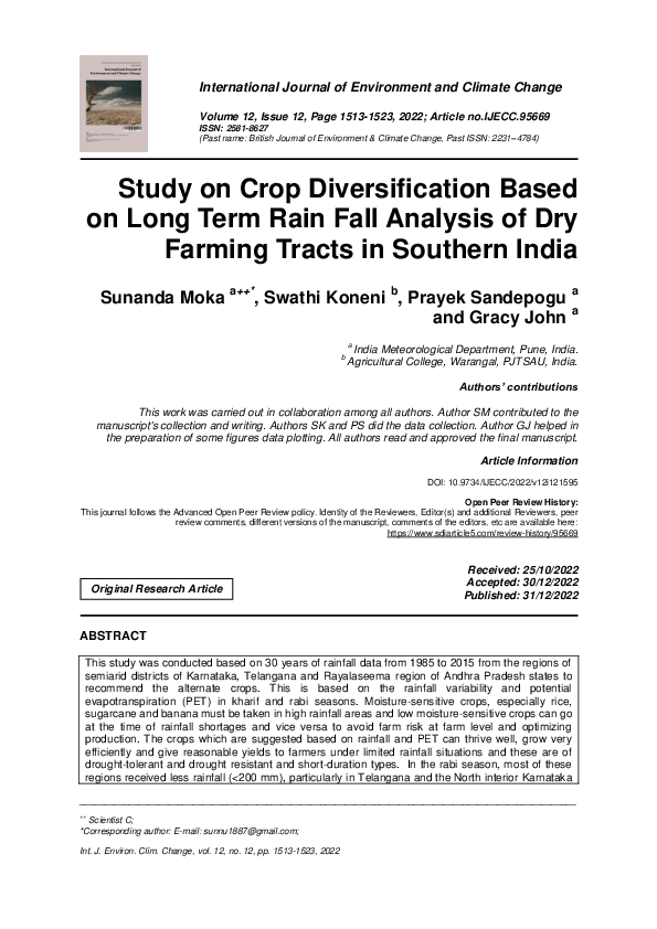 (PDF) Study on Crop Diversification Based on Long Term Rain Fall Analysis of Dry Farming Tracts ...