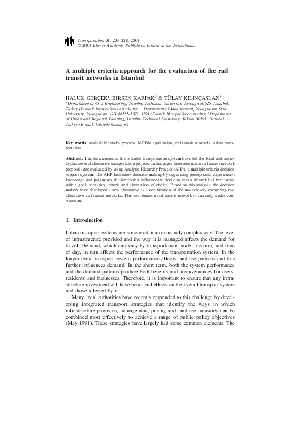 Pdf A Multiple Criteria Approach For The Evaluation Of The Rail Transit Networks In Istanbul