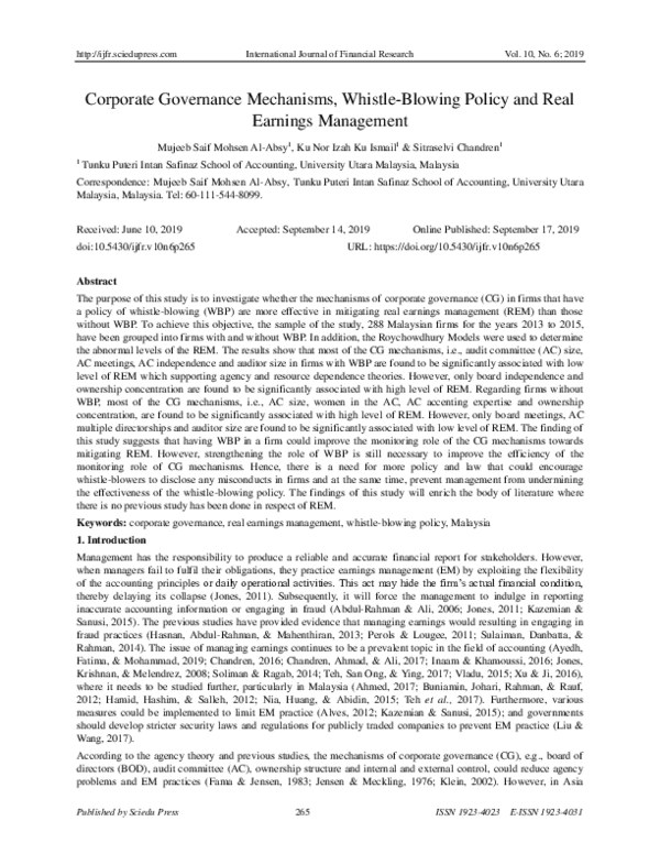 (PDF) Corporate Governance Mechanisms, Whistle-Blowing Policy and Real Earnings Management