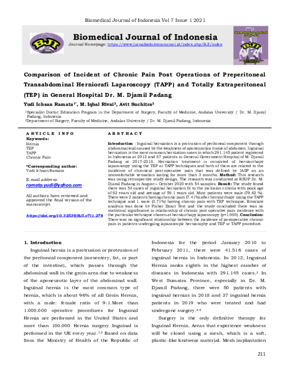 (PDF) Comparison of Incident of Chronic Pain Post Operations of ...