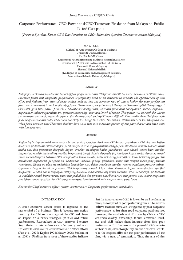 (PDF) Corporate Performance, CEO Power and CEO Turnover: Evidence from ...