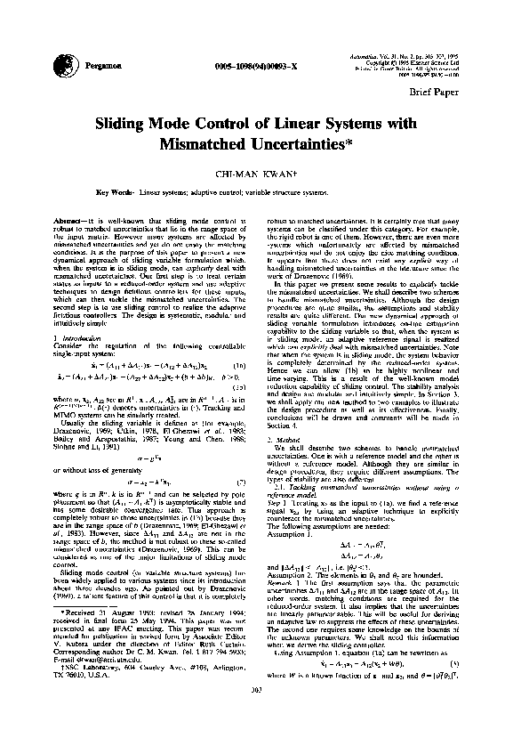 (PDF) Sliding mode control of linear systems with mismatched uncertainties