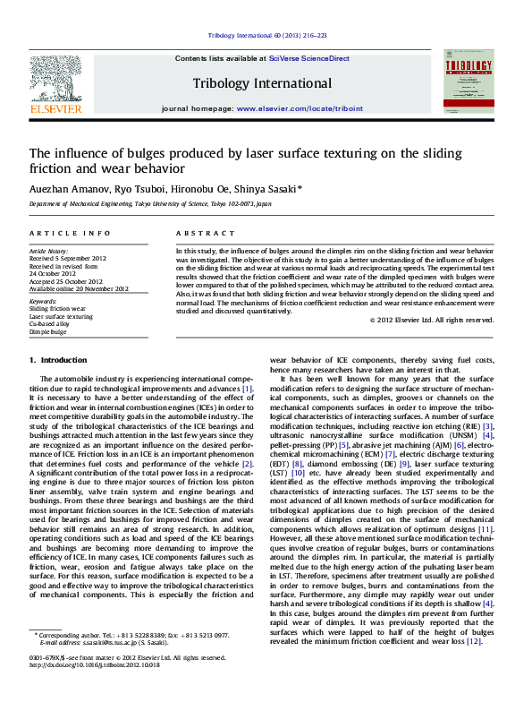 (PDF) The influence of bulges produced by laser surface texturing on the sliding friction and ...