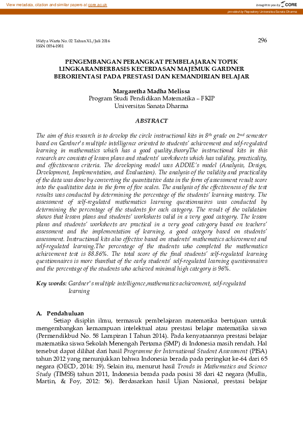 (PDF) Pengembangan perangkat pembelajaran topik lingkaran berbasis kecerdasan majemuk gardner ...