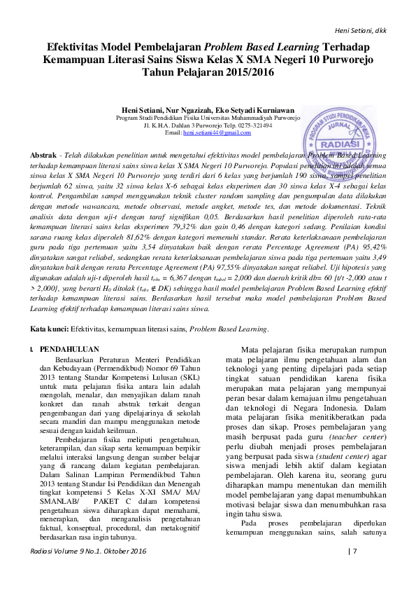 (PDF) Efektivitas Model Pembelajaran Problem Based Learning Terhadap Kemampuan Literasi Sains ...