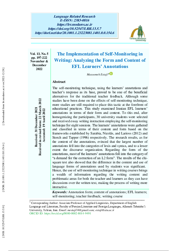 (PDF) The Implementation of Self-Monitoring in Writing: Analyzing the ...