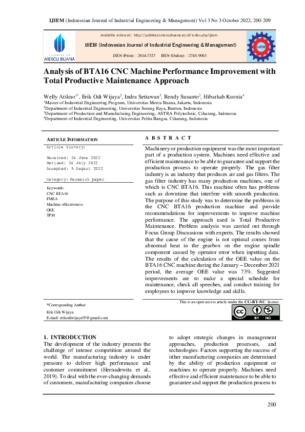 (PDF) Analysis of BTA16 CNC Machine Performance Improvement with Total ...