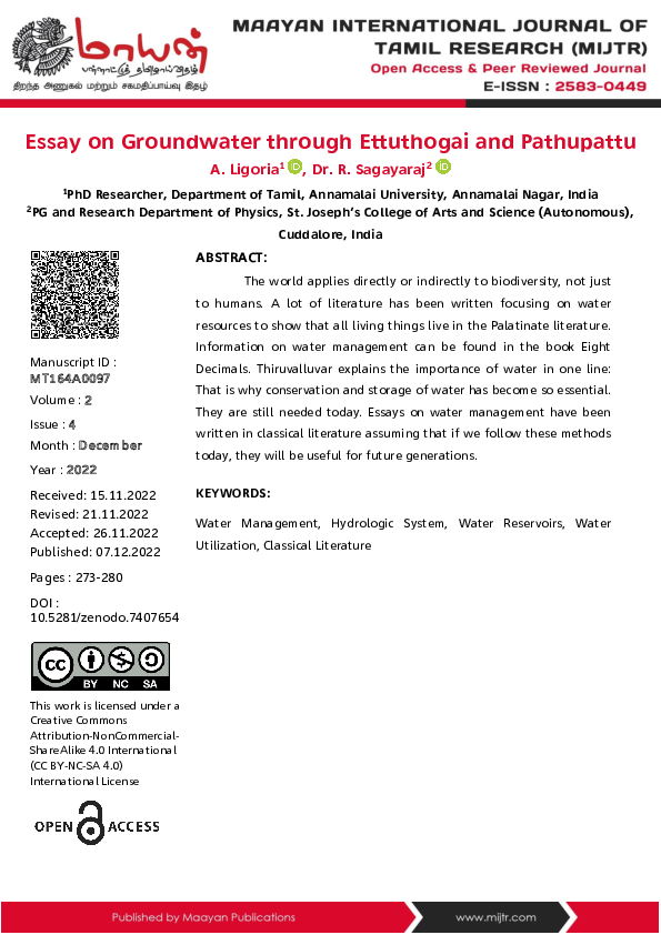 (PDF) Essay on Groundwater through Ettuthogai and Pathupattu | R ...