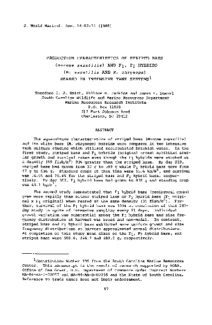 (PDF) PRODUCTION CHARACTERISTICS OF STRIPED BASS (Morone saxatilis) AND ...