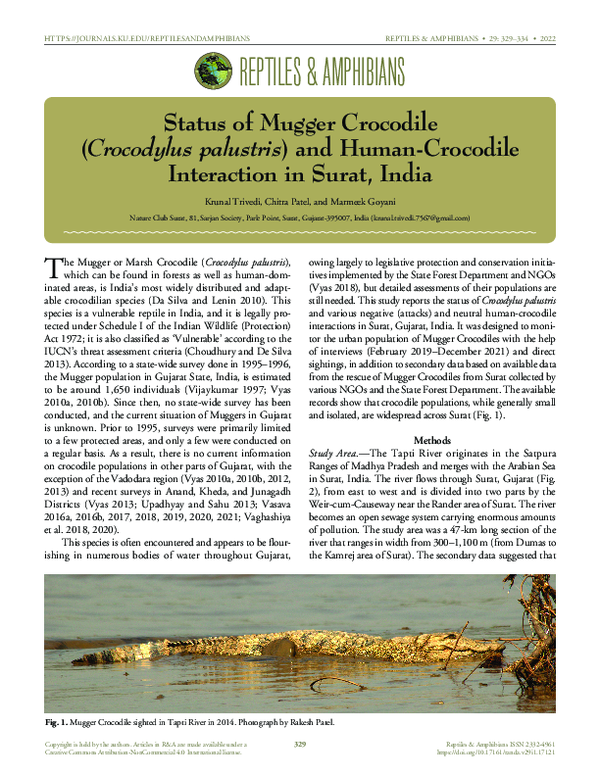 Pdf Status Of Mugger Crocodile Crocodylus Palustris And Human