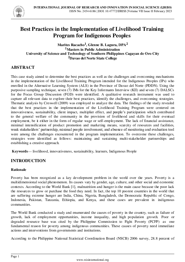 (PDF) Best Practices in the Implementation of Livelihood Training ...