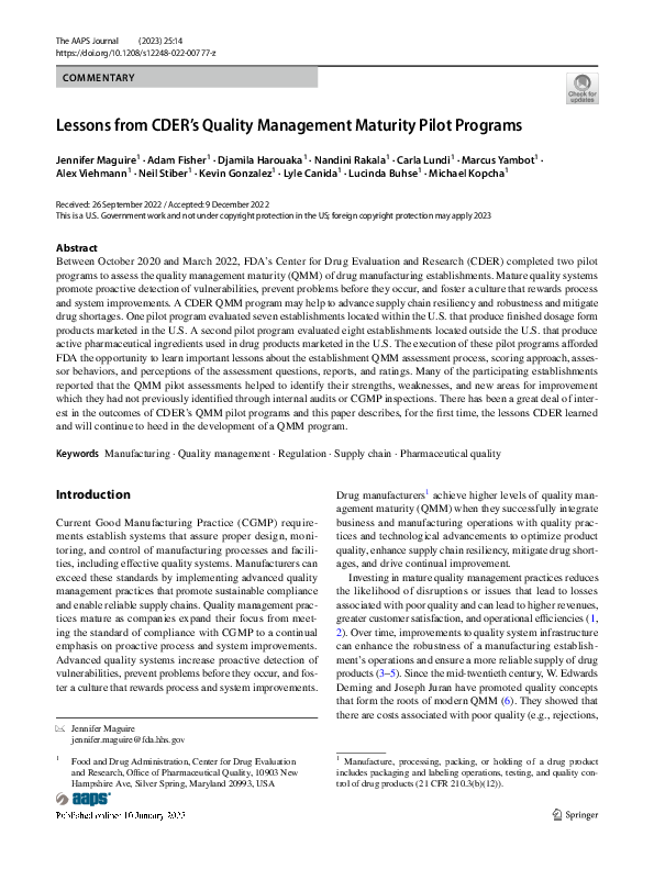(PDF) Lessons from CDER’s Quality Management Maturity Pilot Programs ...