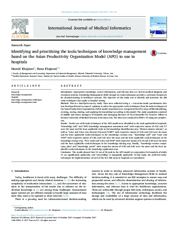 (PDF) Identifying and prioritizing the tools/techniques of knowledge management based on the ...