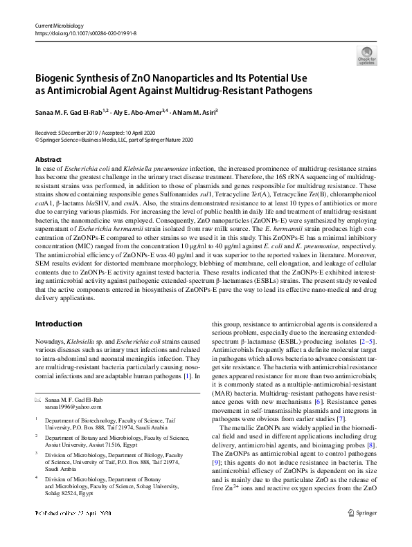 (PDF) Biogenic Synthesis of ZnO Nanoparticles and Its Potential Use as Antimicrobial Agent ...