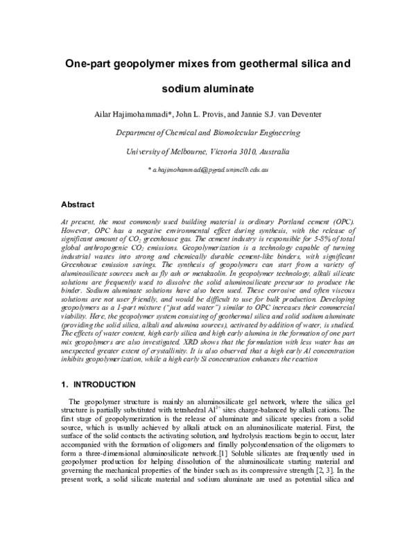 (PDF) One-Part Geopolymer Mixes from Geothermal Silica and Sodium Aluminate