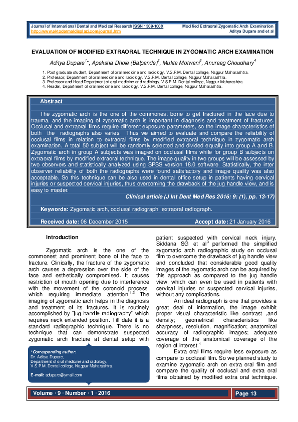 (PDF) Evaluation of Modified Extraoral Technique in Zygomatic Arch Examination