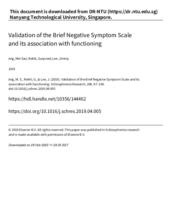(PDF) Validation of the Brief Negative Symptom Scale and its ...