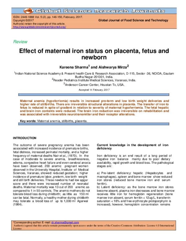 (PDF) Effect of maternal iron status on placenta, fetus and newborn ...