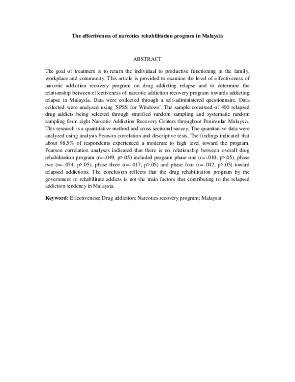 (PDF) The effectiveness of narcotics rehabilitation program in Malaysia