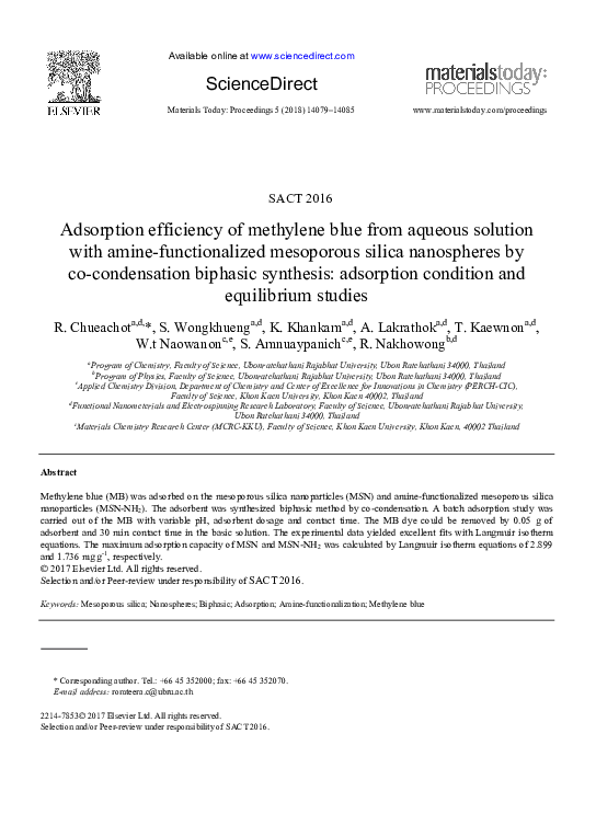 (PDF) Adsorption efficiency of methylene blue from aqueous solution with amine-functionalized ...