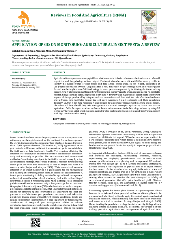Pdf Application Of Gis On Monitoring Agricultural Insect Pests A Review
