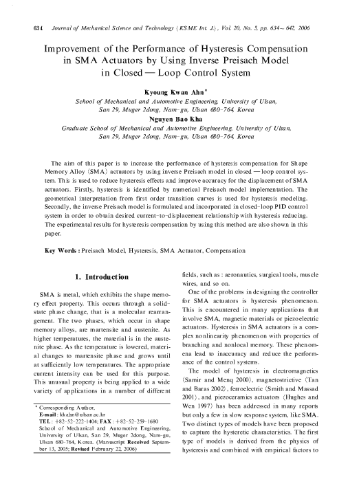 (PDF) Improvement of the performance of hysteresis compensation in SMA actuators by using ...