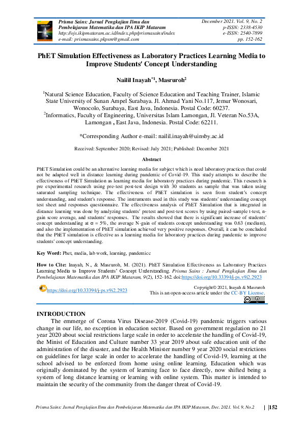 Pdf Phet Simulation Effectiveness As Laboratory Practices Learning