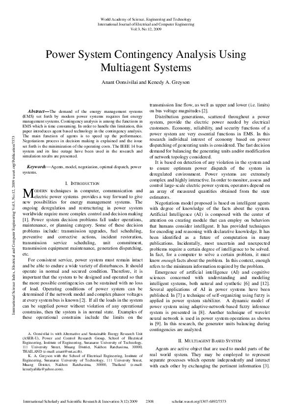(PDF) Power System Contingency Analysis Using Multiagent Systems