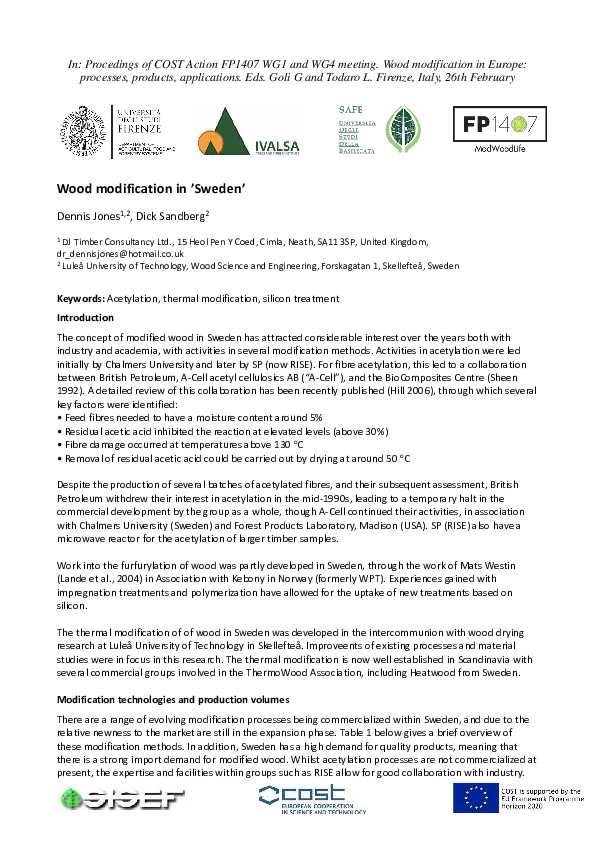 (PDF) Wood modification in Europe : processes , products , applications
