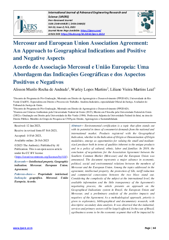 (PDF) Mercosur and European Union Association Agreement: An Approach to Geographical Indications ...