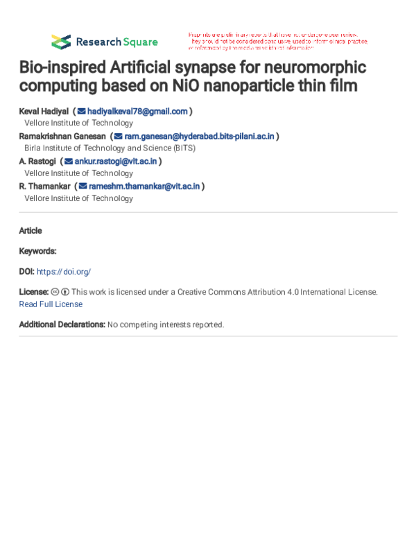 (PDF) Bio-inspired Artificial synapse for neuromorphic computing based on NiO nanoparticle thin ...