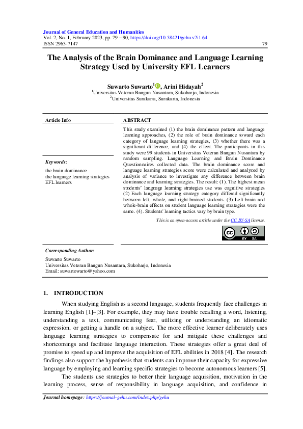 (PDF) The Analysis of the Brain Dominance and Language Learning Strategy Used by University EFL ...
