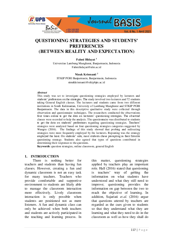 (PDF) Questioning Strategies and Students’ Preferences