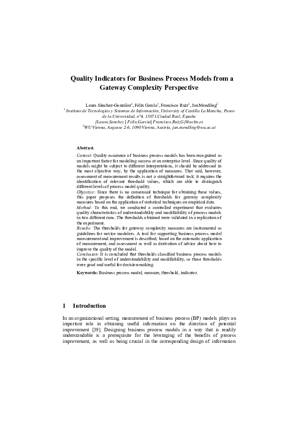 (PDF) Quality indicators for business process models from a gateway complexity perspective