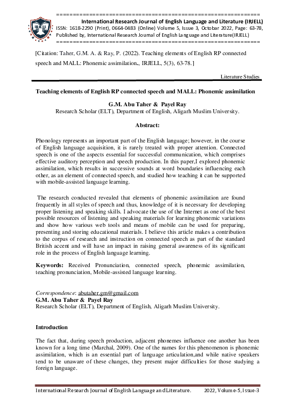 Pdf Teaching Elements Of English Rp Connected Speech And Mall