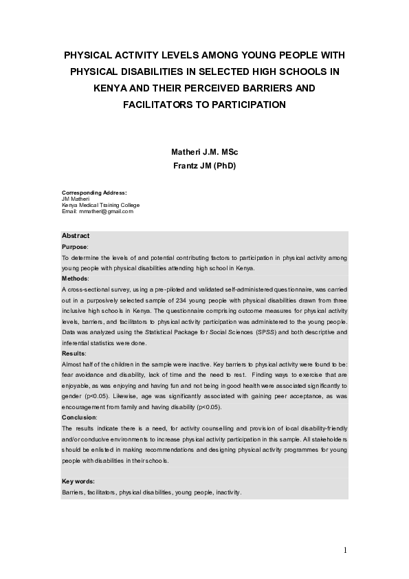 (PDF) Physical activity levels among young people with physical disabilities in selected high ...