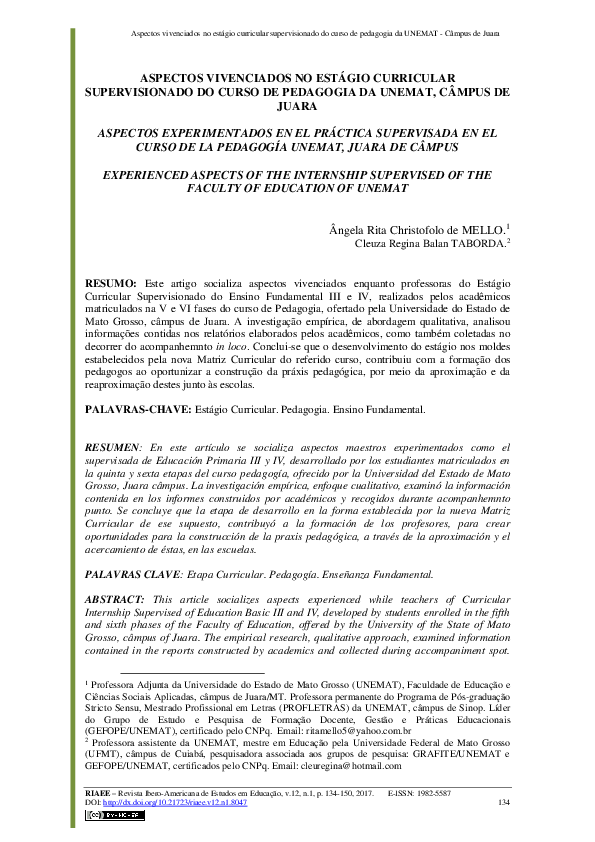 (PDF) Aspectos vivenciados no estágio curricular supervisionado do ...