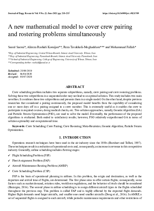 (PDF) A new mathematical model to cover crew pairing and rostering problems simultaneously