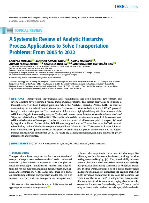 (PDF) A Systematic Review of Analytic Hierarchy Process Applications to Solve Transportation ...