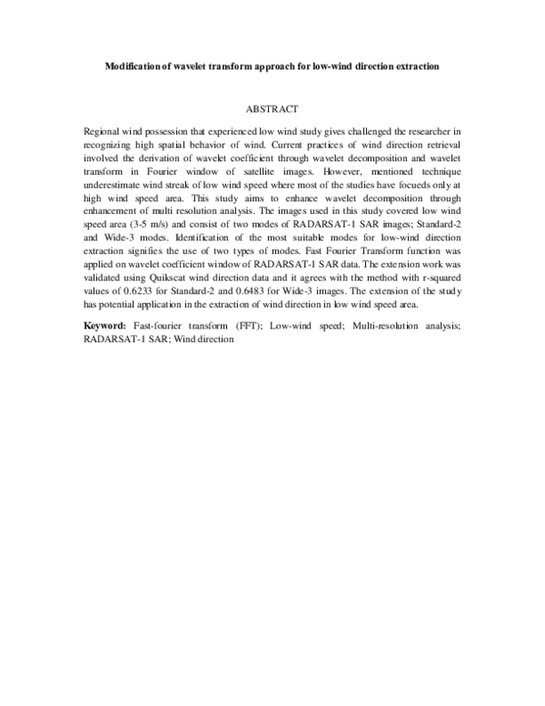 Pdf Modification Of Wavelet Transform Approach For Low Wind Direction