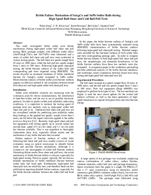 (PDF) Brittle Failure Mechanism of SnAgCu and SnPb Solder Balls during High Speed Ball Shear and ...