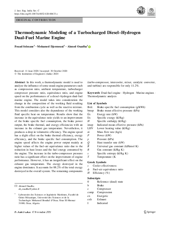 (PDF) Thermodynamic Modeling of a Turbocharged Diesel–Hydrogen Dual-Fuel Marine Engine