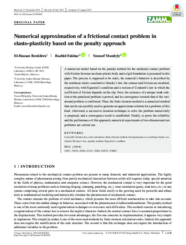 Pdf Numerical Approximation Of A Frictional Contact Problem In Elasto‐plasticity Based On The