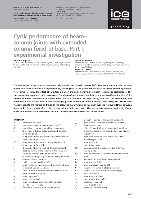 (PDF) Cyclic performance of beam–column joints with extended column fixed at base. Part I ...