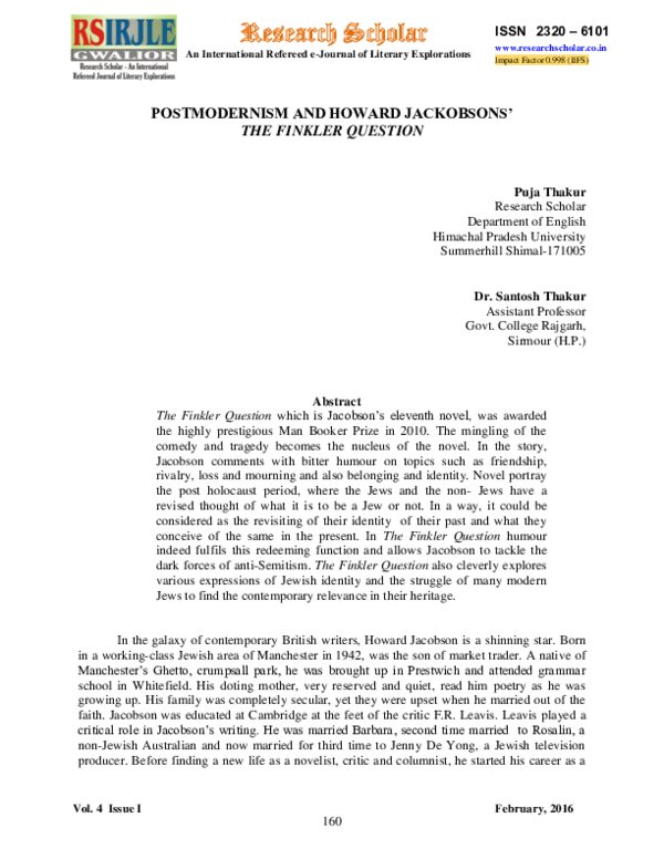 (PDF) Postmodernism and Howard Jackobsons' the Finkler Question