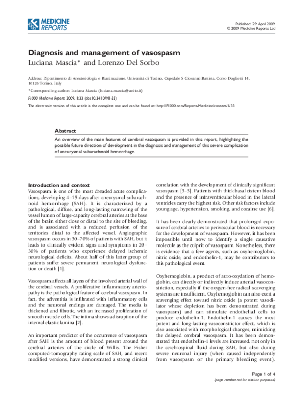 (PDF) Diagnosis and management of vasospasm