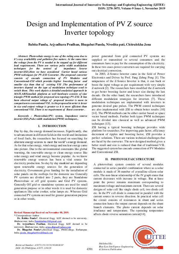 (PDF) Design and Implementation of PV Z source Inverter topology