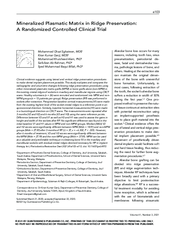 (PDF) Mineralized Plasmatic Matrix in Ridge Preservation: A Randomized ...