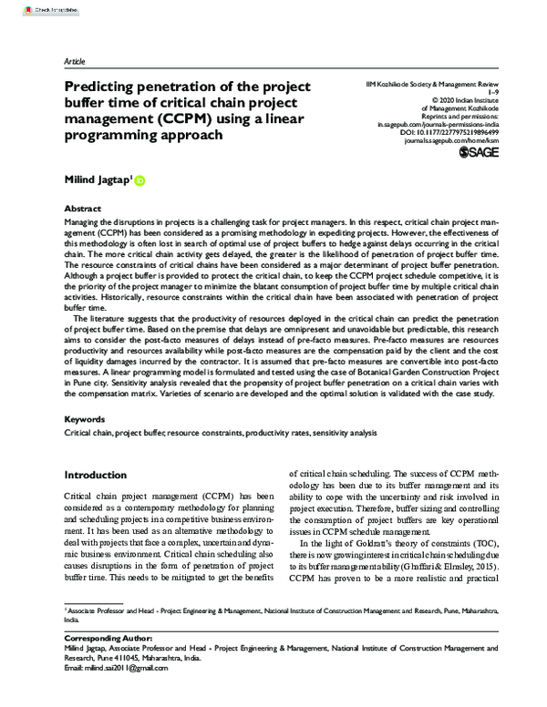 Pdf Predicting Penetration Of The Project Buffer Time Of Critical Chain Project Management