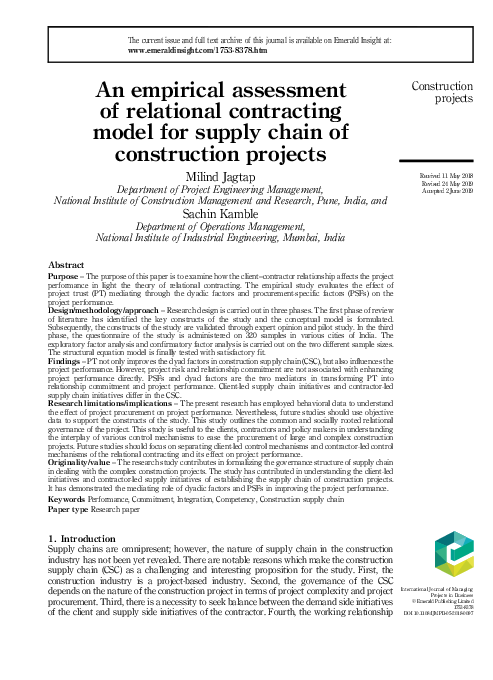 (PDF) An empirical assessment of relational contracting model for supply chain of construction ...